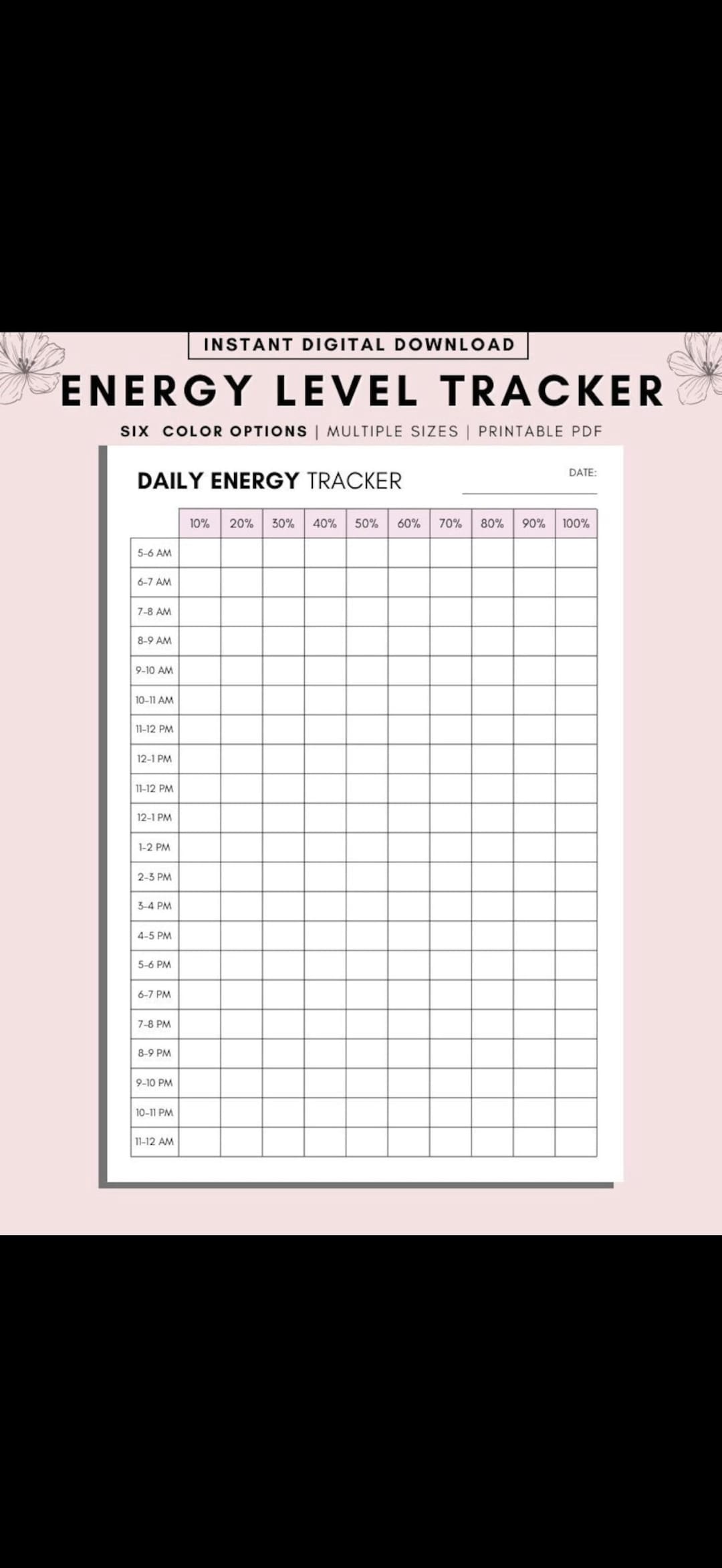Energy Level Tracker Printable One Page Daily Energy Log Productivity ...