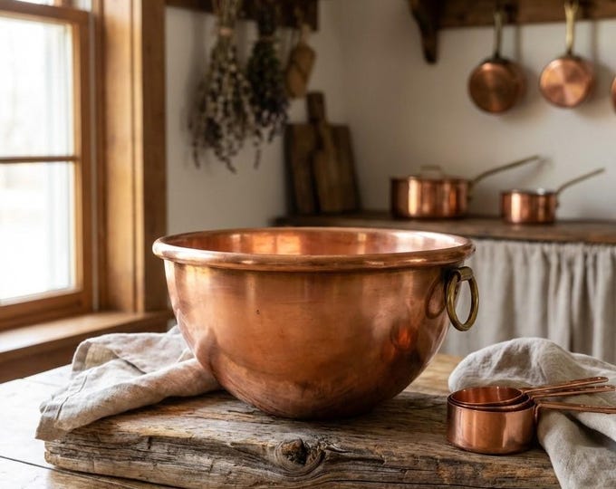 Vintage 8" Solid Copper Mixing Bowl | 1.5lb Heavy Gauge | Brass Ring ...