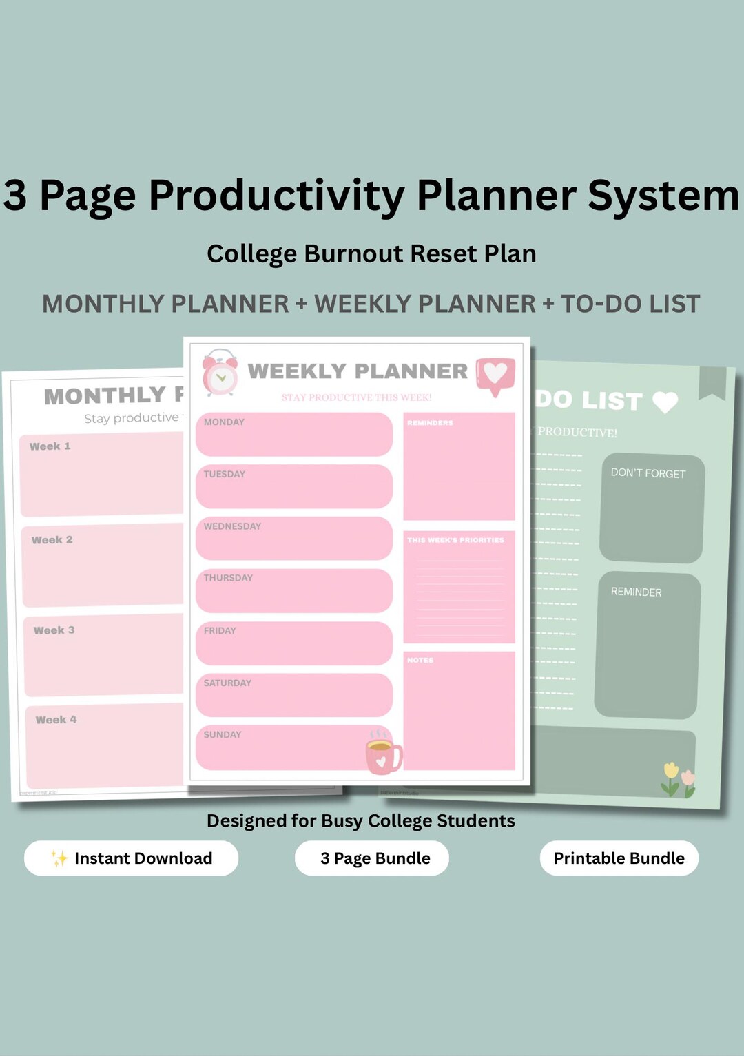 3 Page Student Planner Bundle Printable – Monthly Weekly to Do List - Etsy