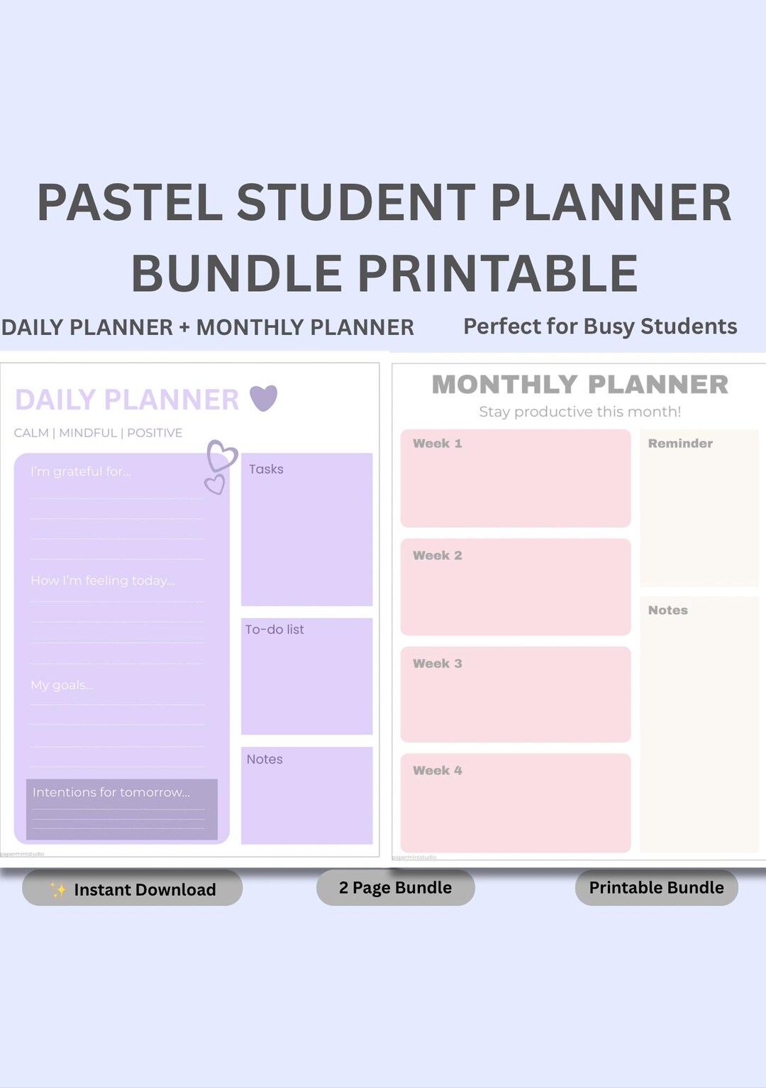 Pastel Student Planner Printable Bundle, Daily & Monthly Planner PDF ...