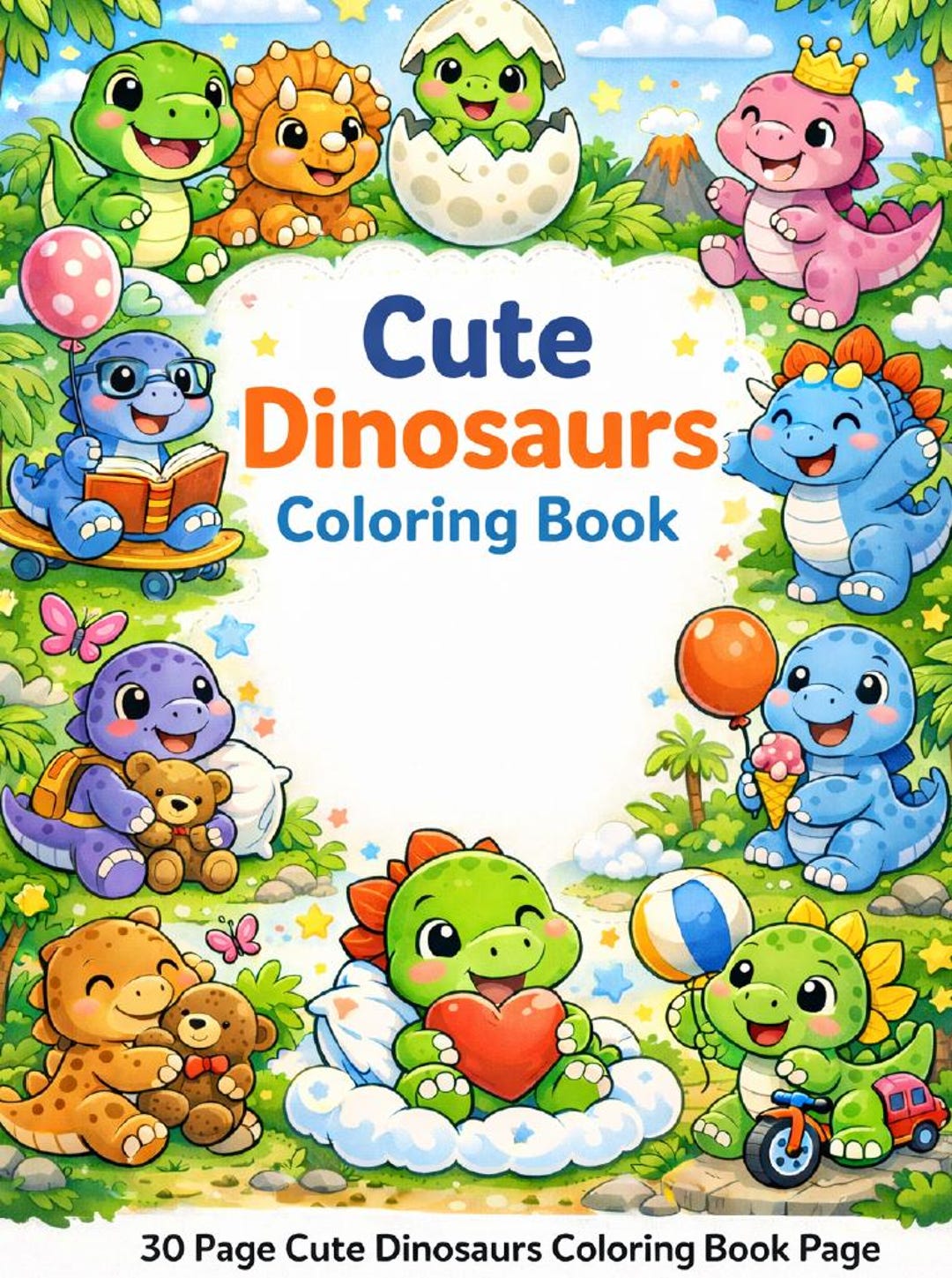 Cute Dinosaurs Coloring Book for Kids | 30 Pages | Printable Dinosaur ...