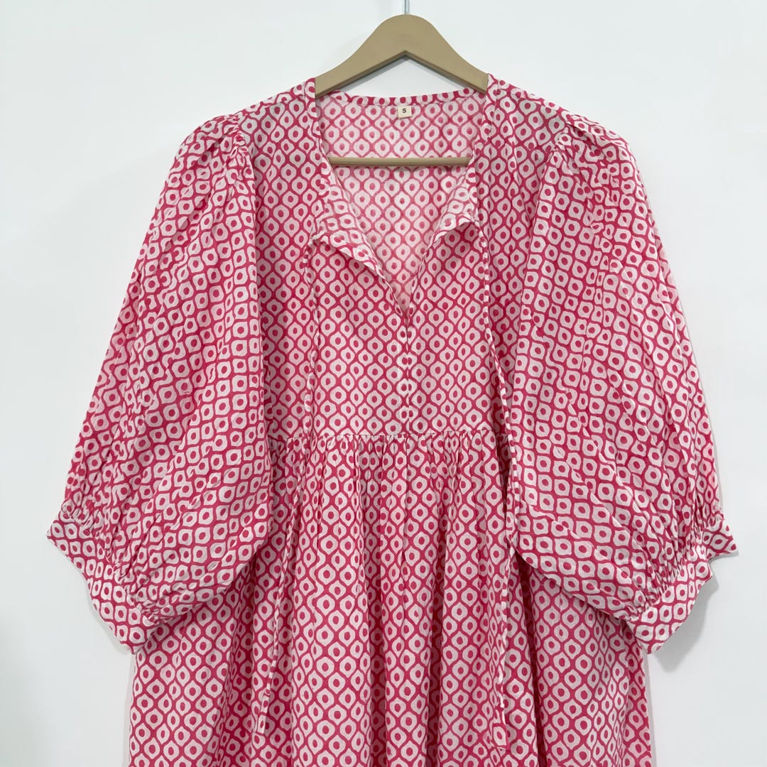 Pink Floral Block Print Cotton Dress, Bohemian Midi Dress Kyra Top ...