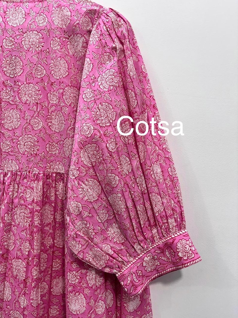Pink Hand Block Printed Cotton Dress, Bohemian Floral Midi - Etsy