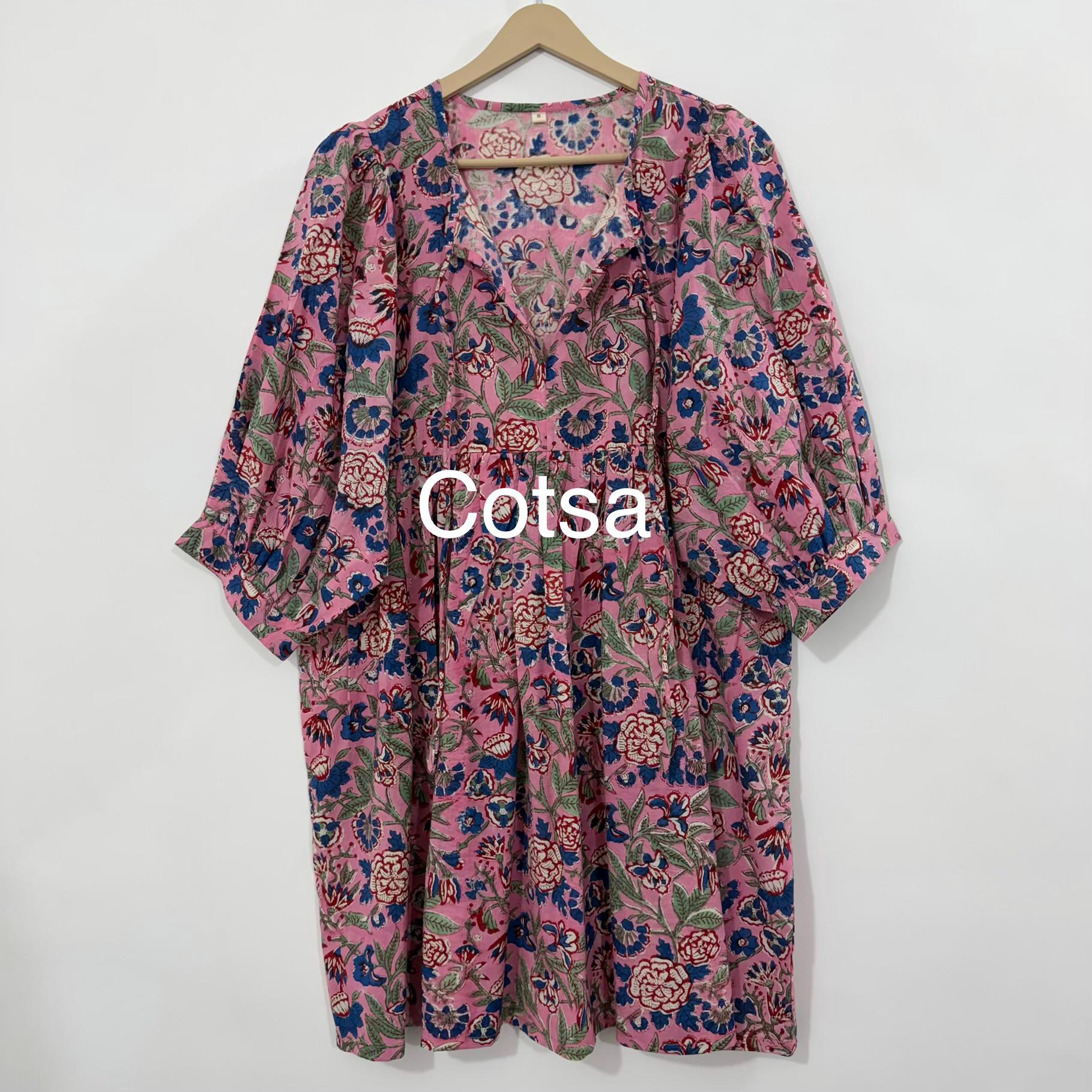 Pink Floral Block Print Cotton Dress, Bohemian Midi Dress Kyra Top ...