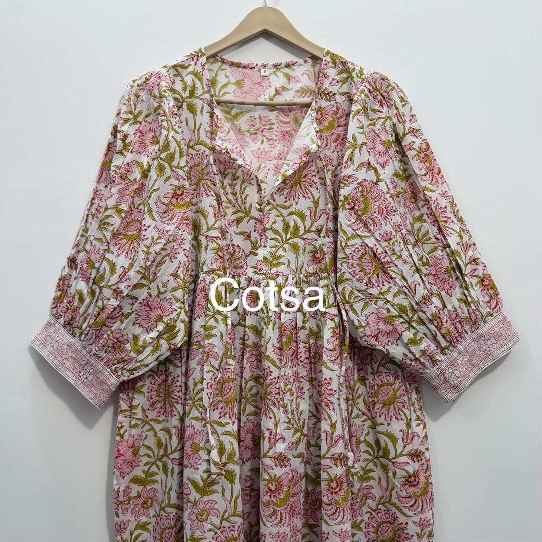 Pink Floral Block Print Cotton Dress, Bohemian Midi Dress Kyra Top ...