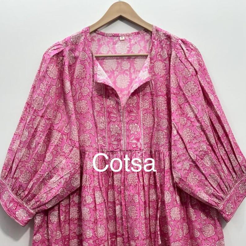 Pink Hand Block Printed Cotton Dress, Bohemian Floral Midi - Etsy