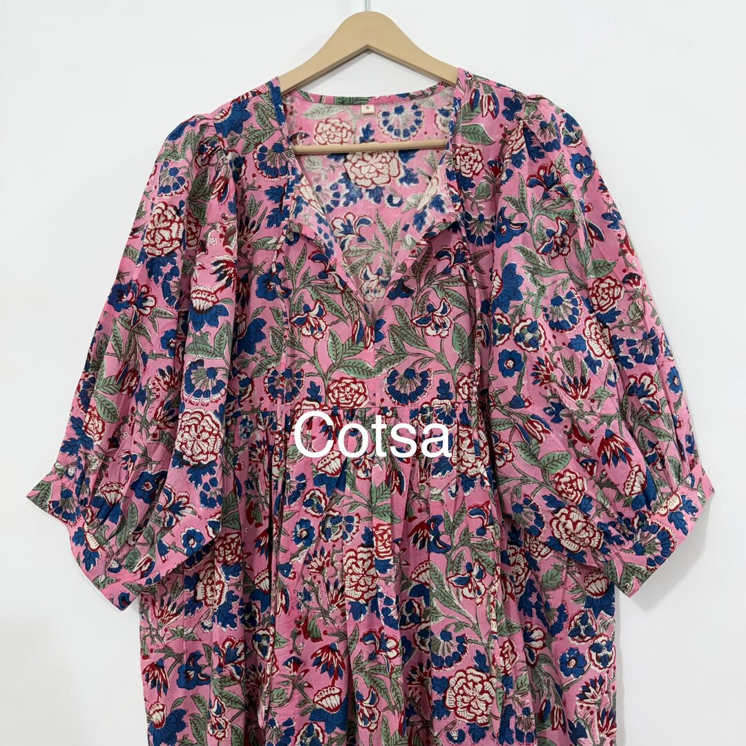 Pink Floral Block Print Cotton Dress, Bohemian Midi Dress Kyra Top ...