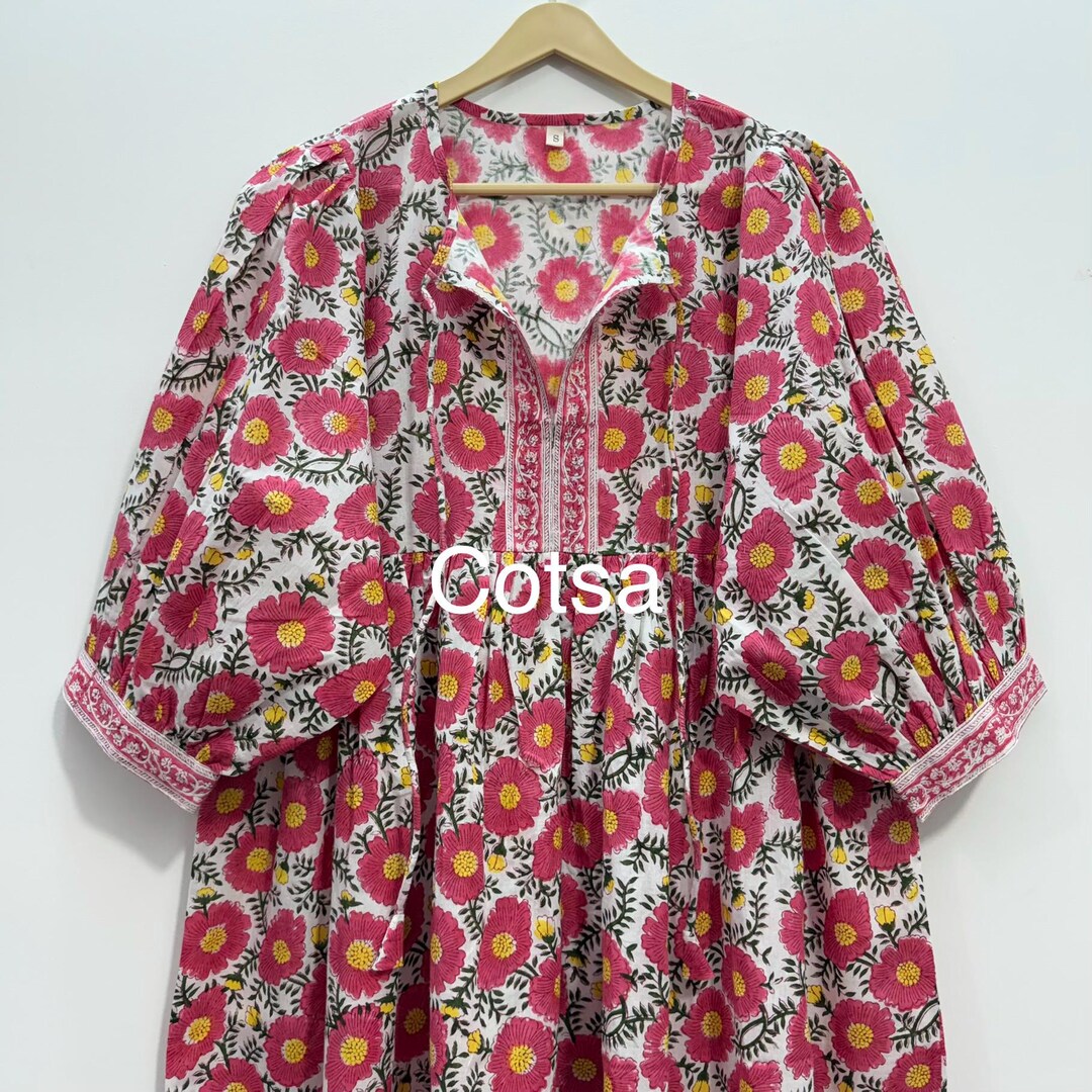Pink Floral Block Print Cotton Dress, Bohemian Midi Dress Kyra Top ...