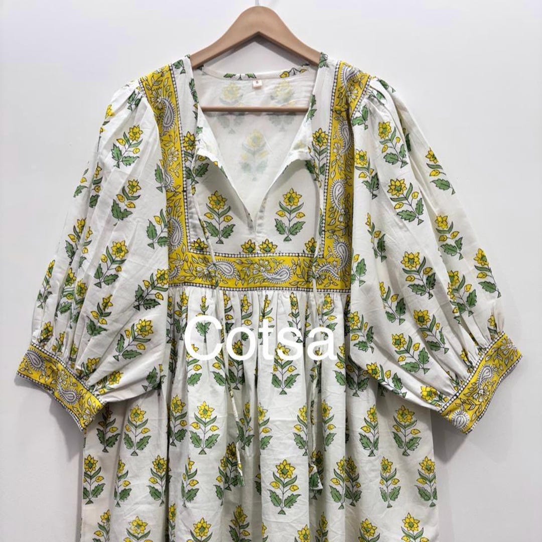 Yellow Floral Block Print Cotton Midi Dress, Bohemian Kyra Dress - Etsy