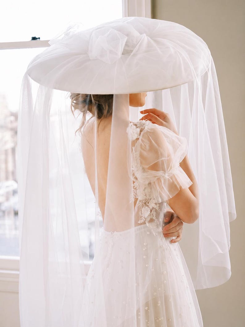 Long Tulle Bridal Veil Hat, Wide Brim, Courthouse Elopement for Bride ...