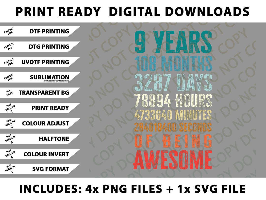 9 Years 108 Months of Being Awesome Happy 9th Birthday Gifts Png Bundle ...