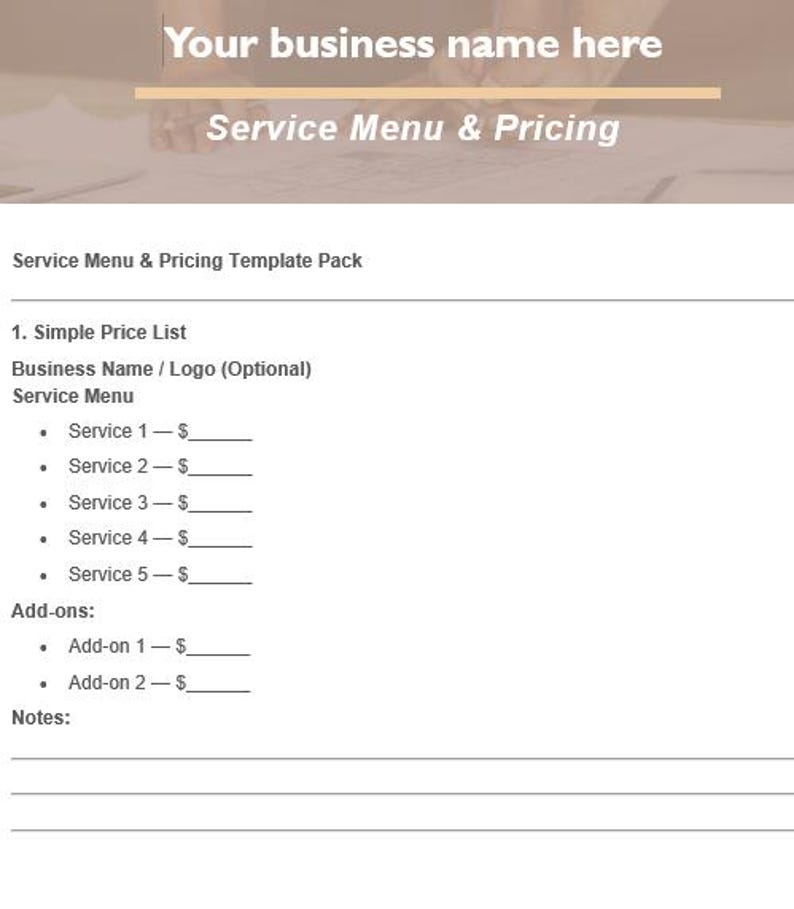 Service Menu Template Pack | Price List Template | Small Business ...