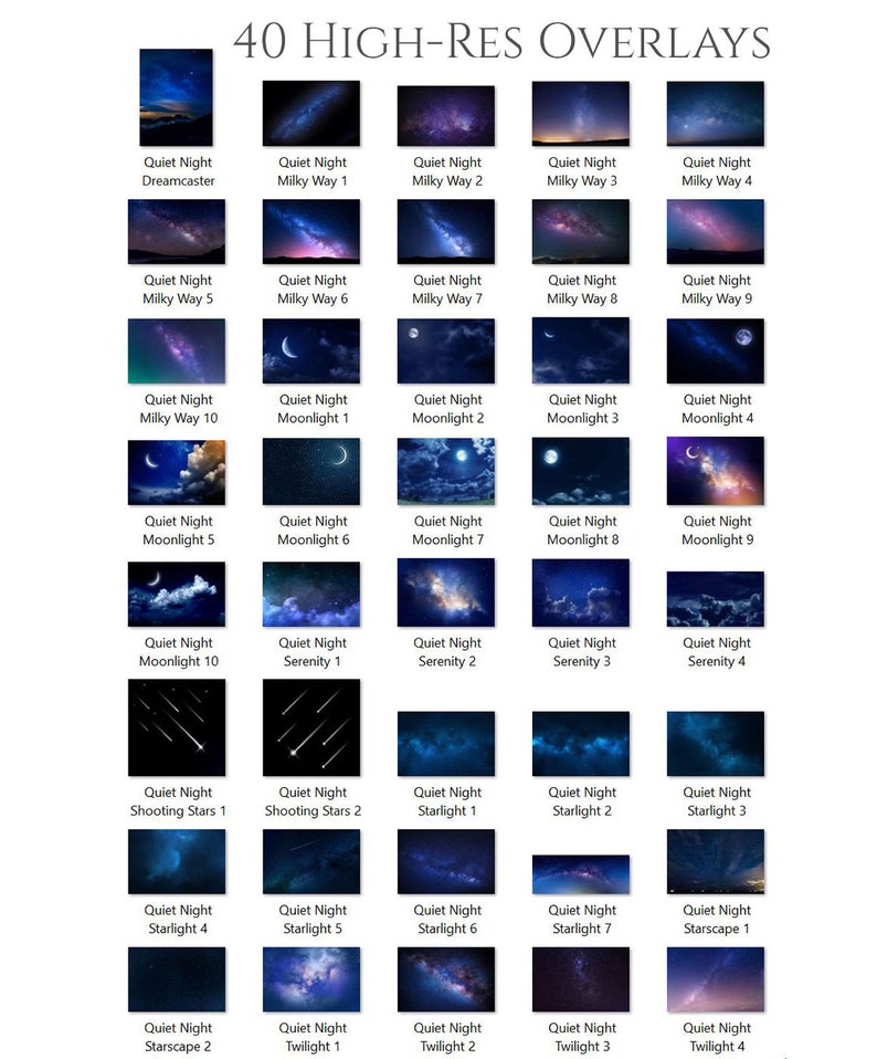 Quiet Night Mega Pack Starry Sky, Shooting Stars, Moons and Galaxy- 40 ...