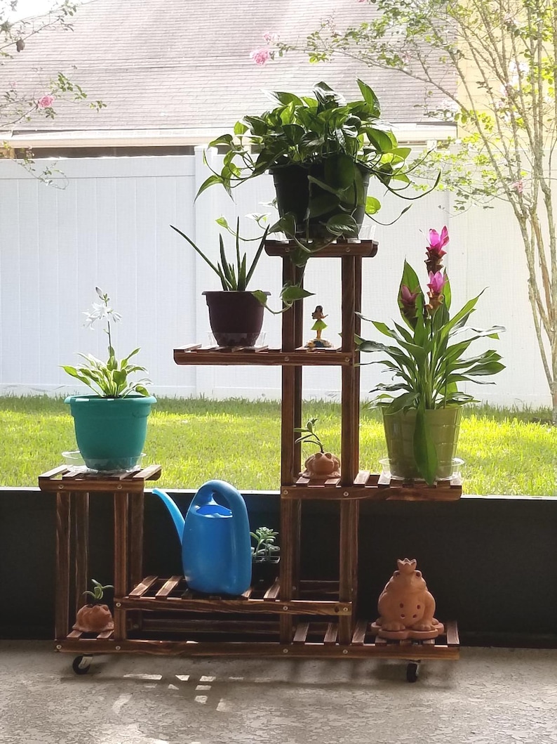 6 Layer Wooden Plant Stand - Natural Pine Tiered Shelf for Pots ...