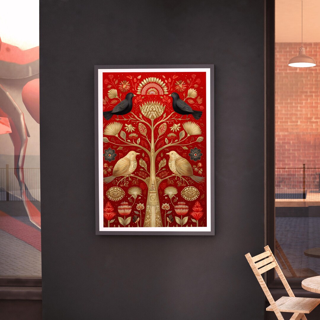 Red Folk Tree of Life | Indian Botanical Wall Art | Vintage Inspired ...
