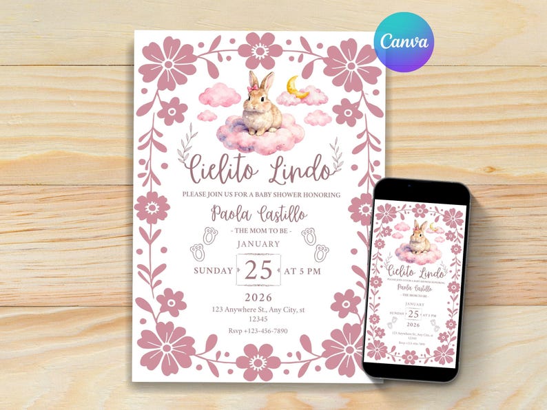 Cielito Lindo Baby Shower Invitation, Pink Bunny Editable Papel Picado ...