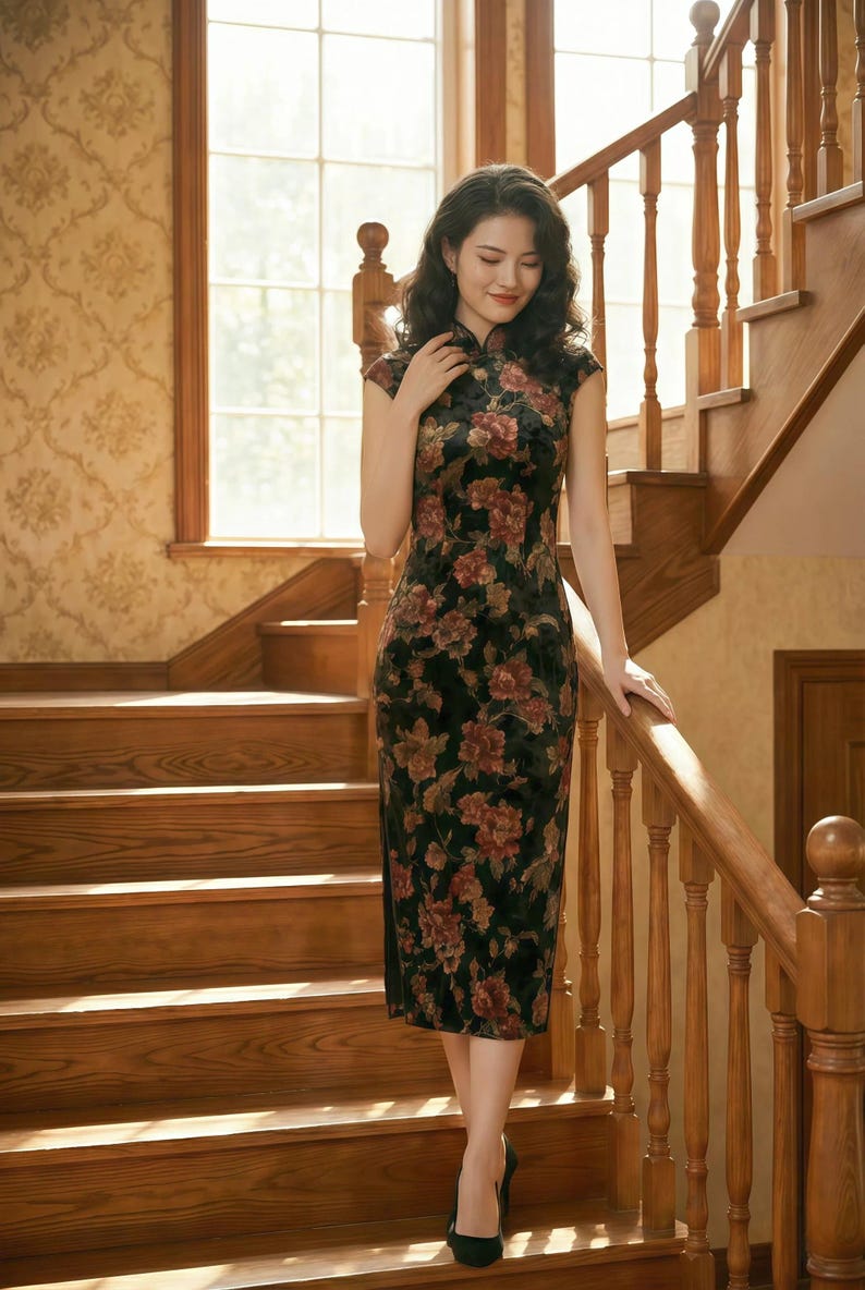 Custom Sizing Qi Pao (cheong Sam) - Velvet Floral Chinese Dress for ...