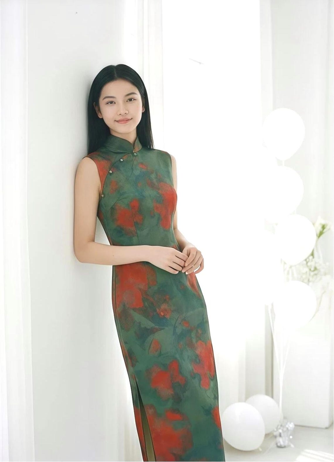 Custom Sizing Qi Pao (cheong Sam) - Green and Red Floral Cheongsam for ...