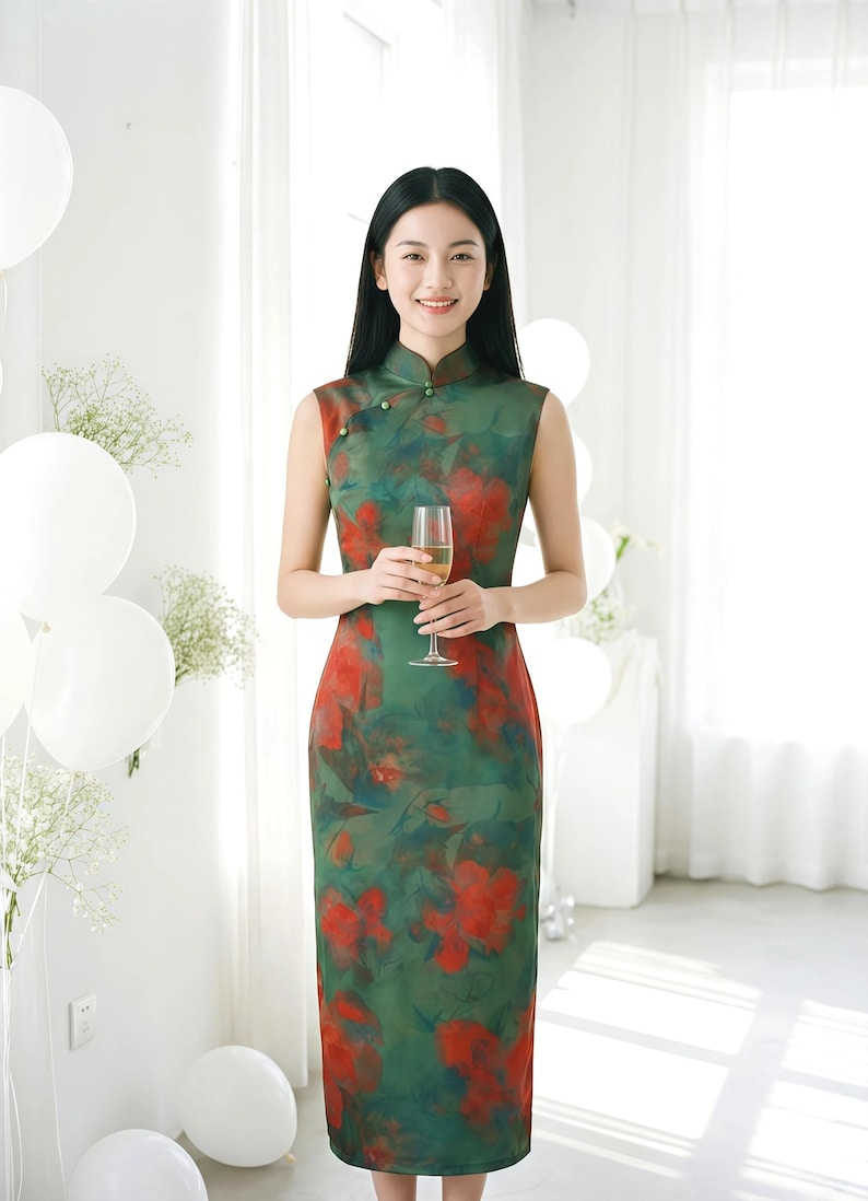 Custom Sizing Qi Pao (cheong Sam) - Green and Red Floral Cheongsam for ...