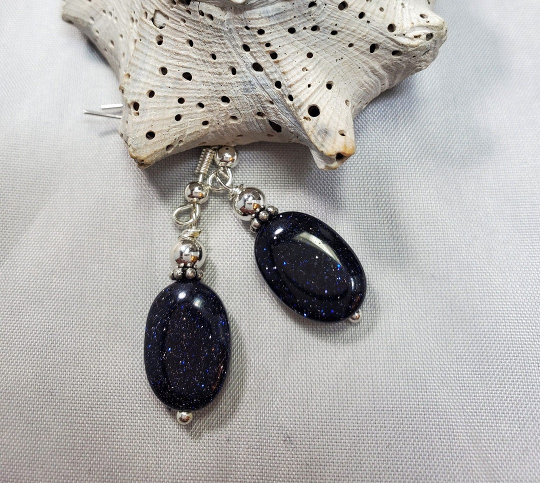 Rich Dark Blue Semi-precious Goldstone Gemstone Dangle Drop Earrings ...