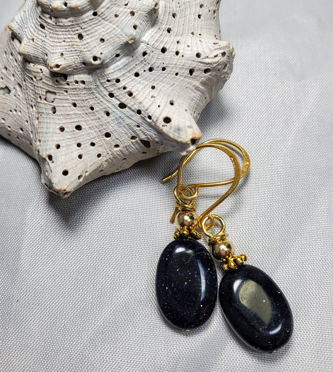 Rich Dark Blue Goldstone Semi-precious Gemstone Dangle Drop Earrings ...