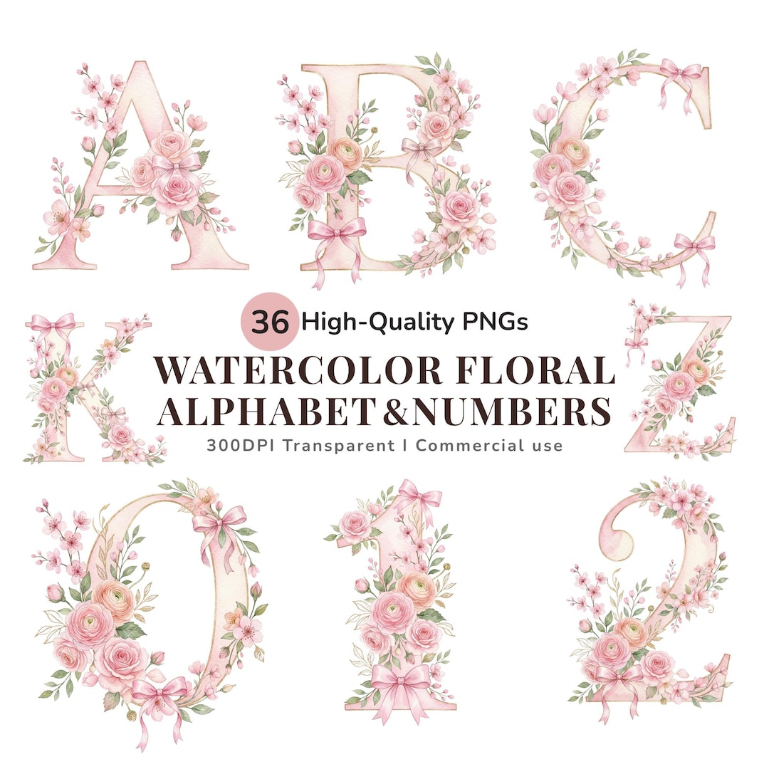 Watercolor Floral Alphabet Clipart PNG Bundle Easy Pretty Letters and ...