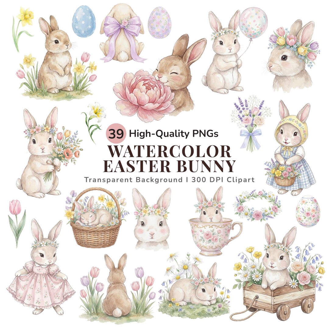 Watercolor Easter Bunny Clipart Bundle, Nursery Art, Baby Shower PNG - Etsy
