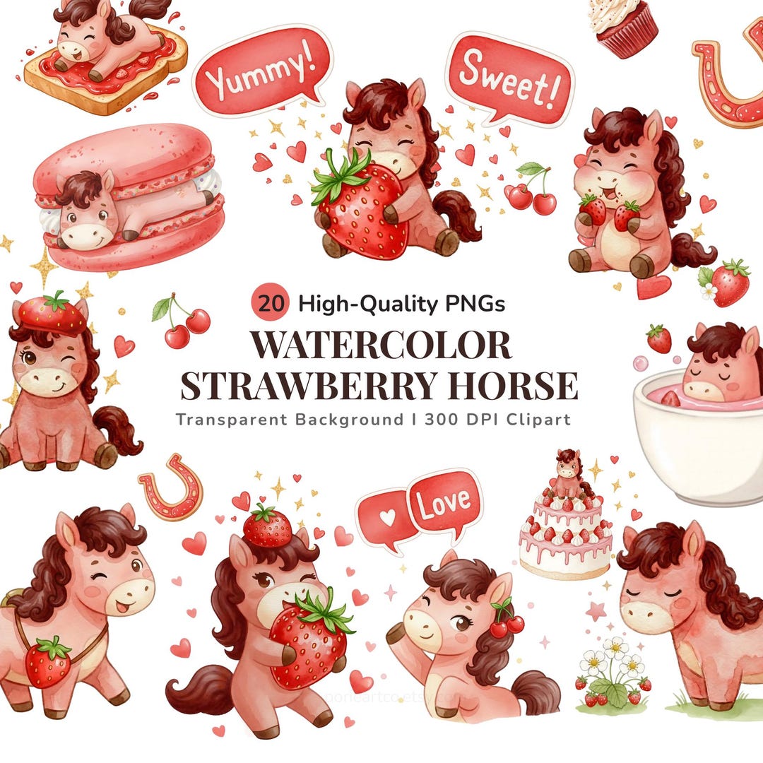 Strawberry Horse Clipart Bundle, Kawaii Fruit Animal PNG (digital ...