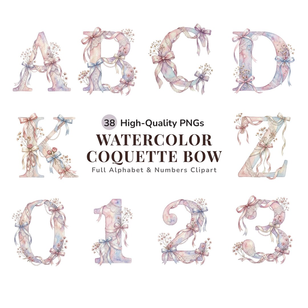 Watercolor Coquette Alphabet Clipart Pink Bow Floral Letters and ...