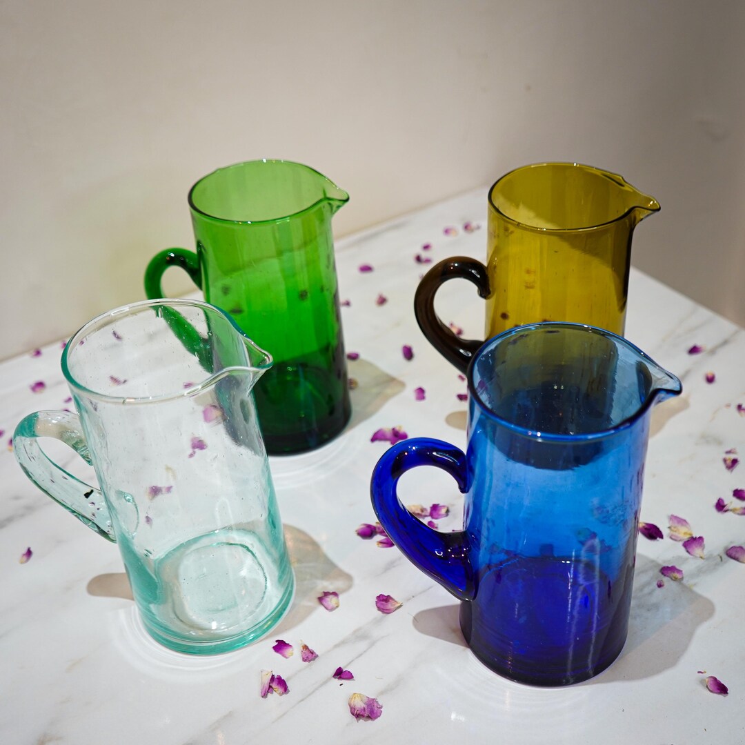 Hand Blown Moroccan Beldi Glass Jug: Handmade Water Pitcher, Artisan ...