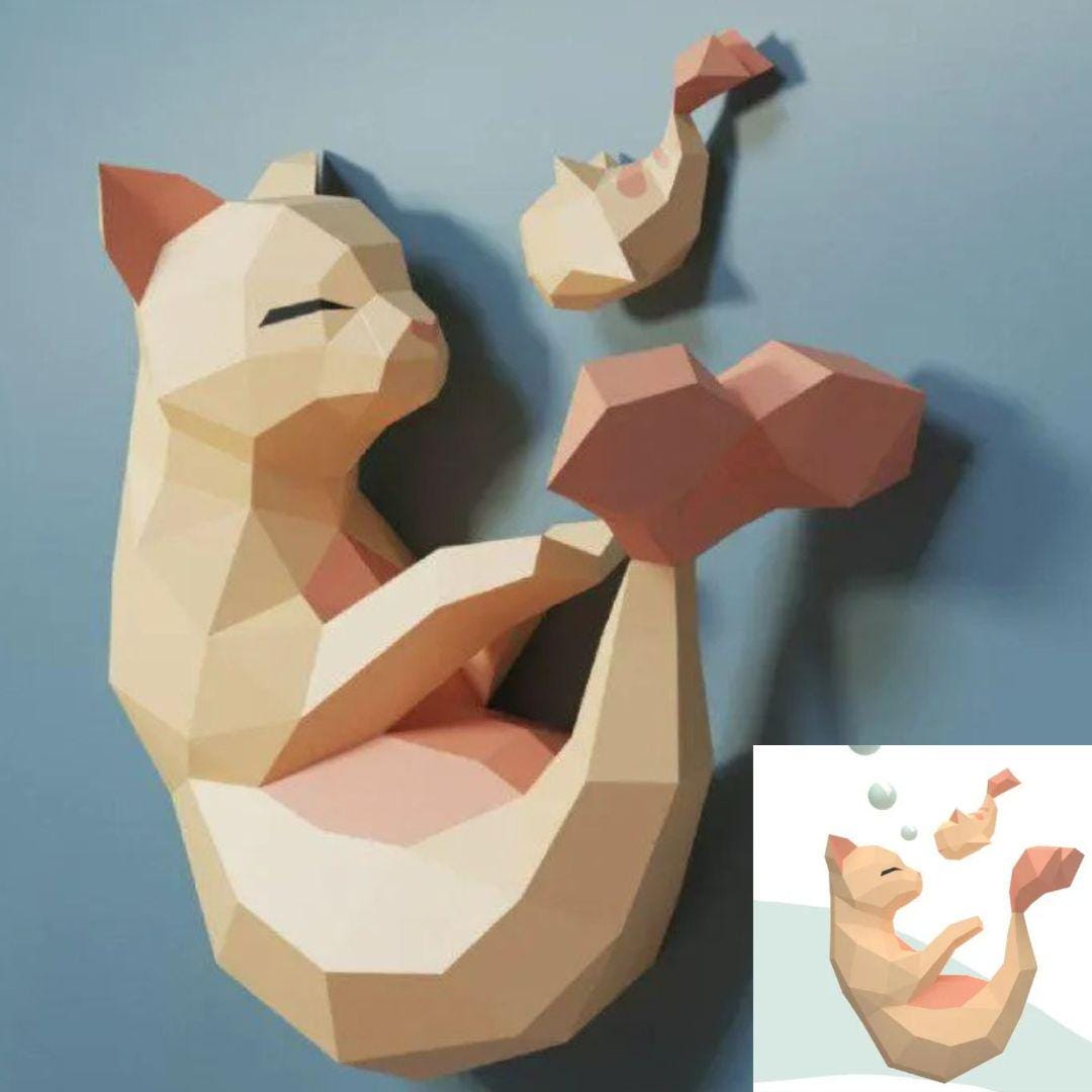 Mermaid Cat Papercraft Template, 3D Paper Craft Digital File, Catfish ...