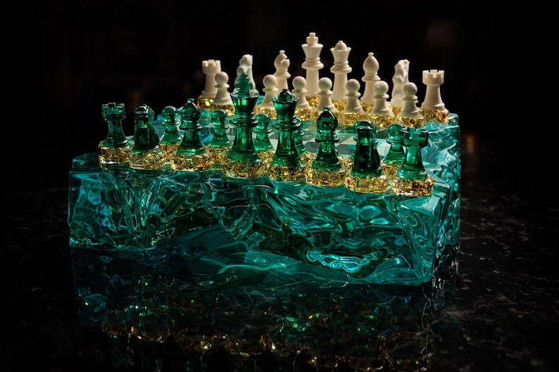 Green Epoxy Resin Chess Set Handmade – Iceberg Chess Board With Pieces ...