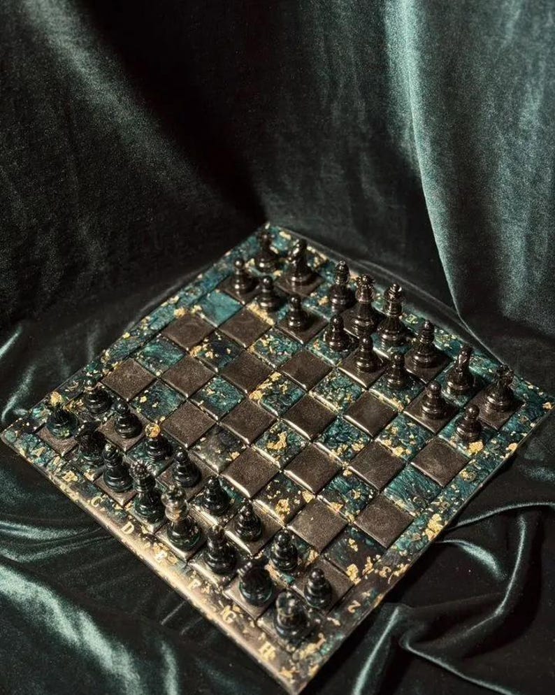 Unique Epoxy Chess Set With Gold Details – Handmade Resin Chess Board ...