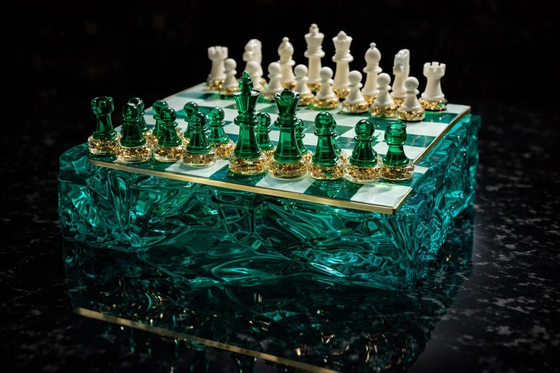 Green Epoxy Resin Chess Set Handmade – Iceberg Chess Board With Pieces ...