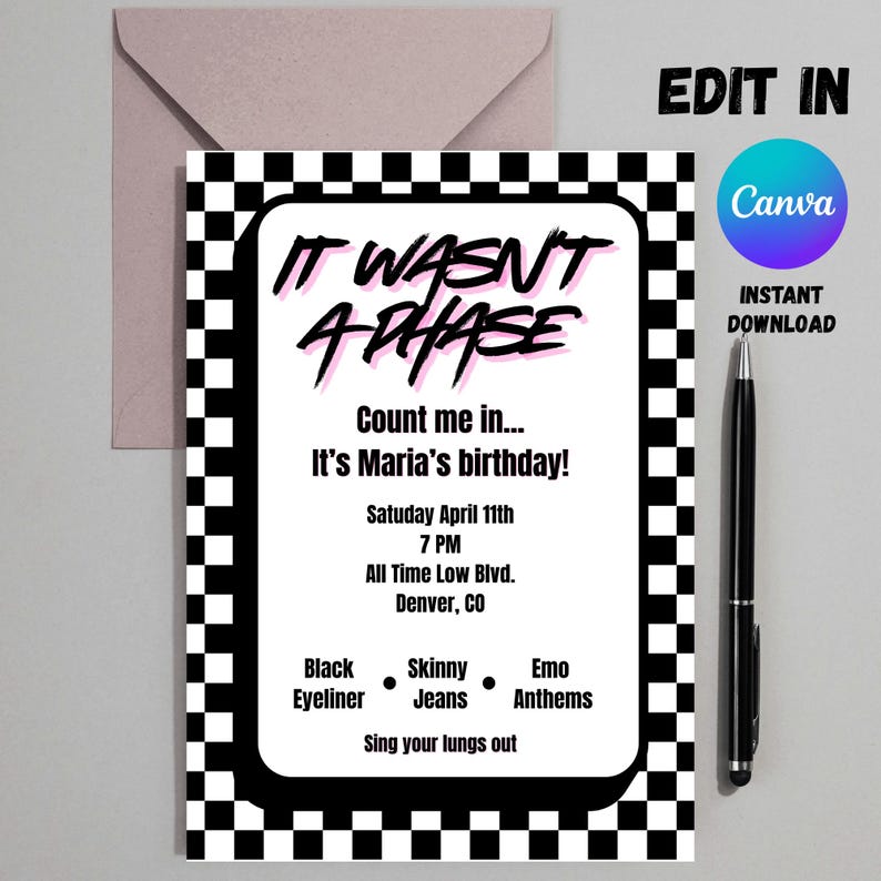 Editable Teen Birthday Invitation Canva Template Alt Grunge Party ...