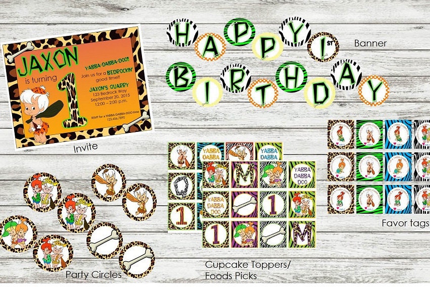 Pebbles & Bambam Party Pack Invite Favor Tags Banner and | Etsy