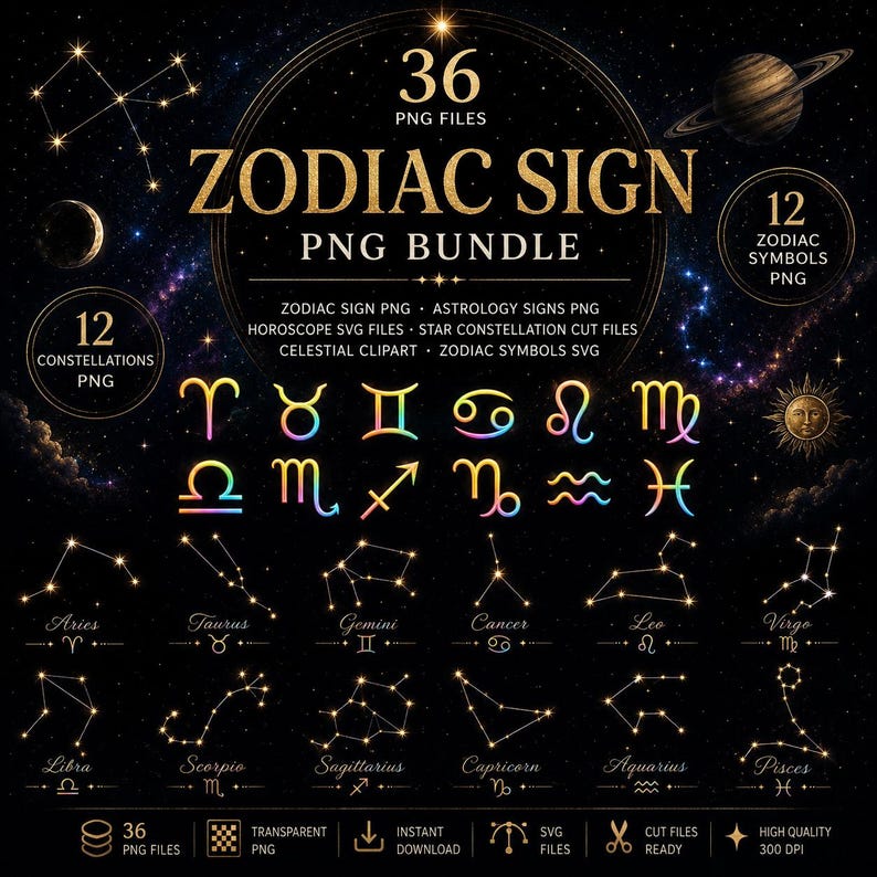 Zodiac Sign PNG Bundle, Astrology Constellations SVG Files (digital ...