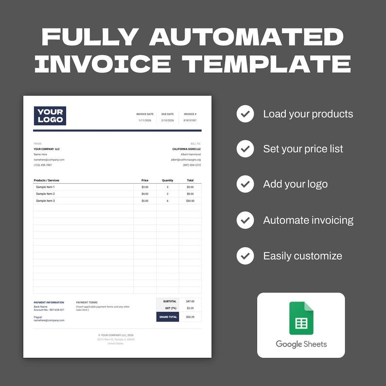 Automated Invoice Template | Google Sheets, Minimalist Design (digital ...