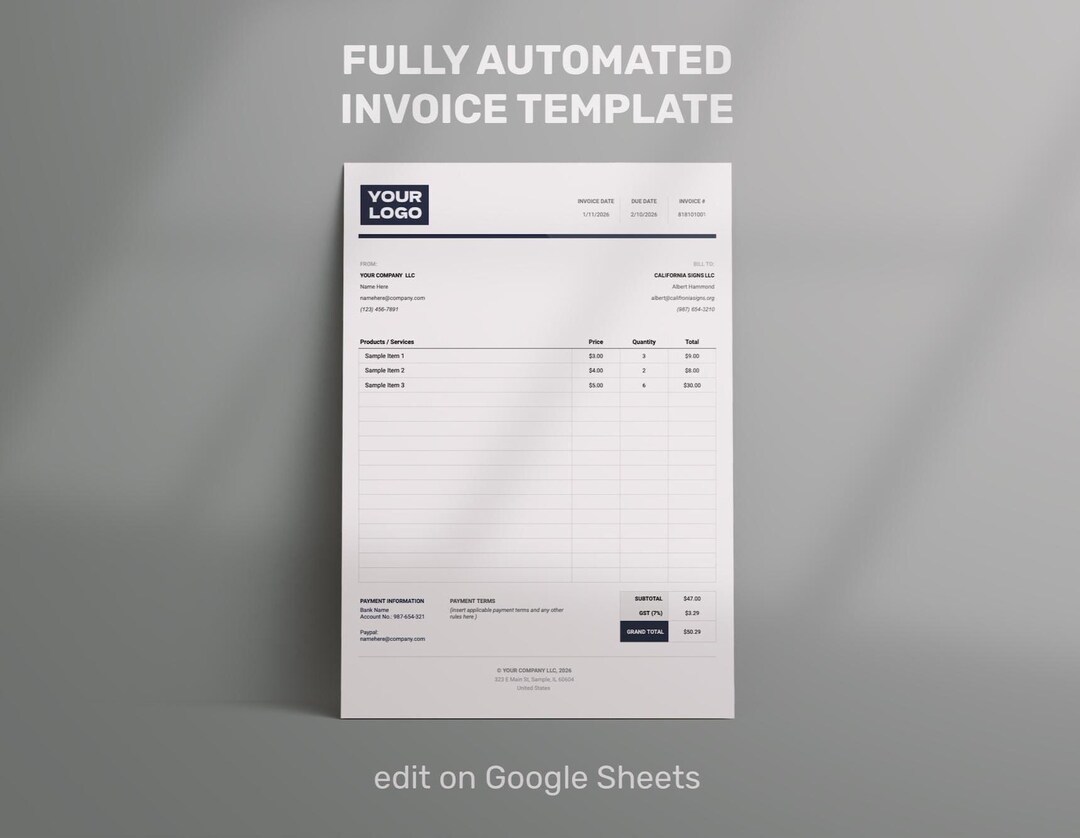 Automated Invoice Template | Google Sheets, Minimalist Design (digital ...