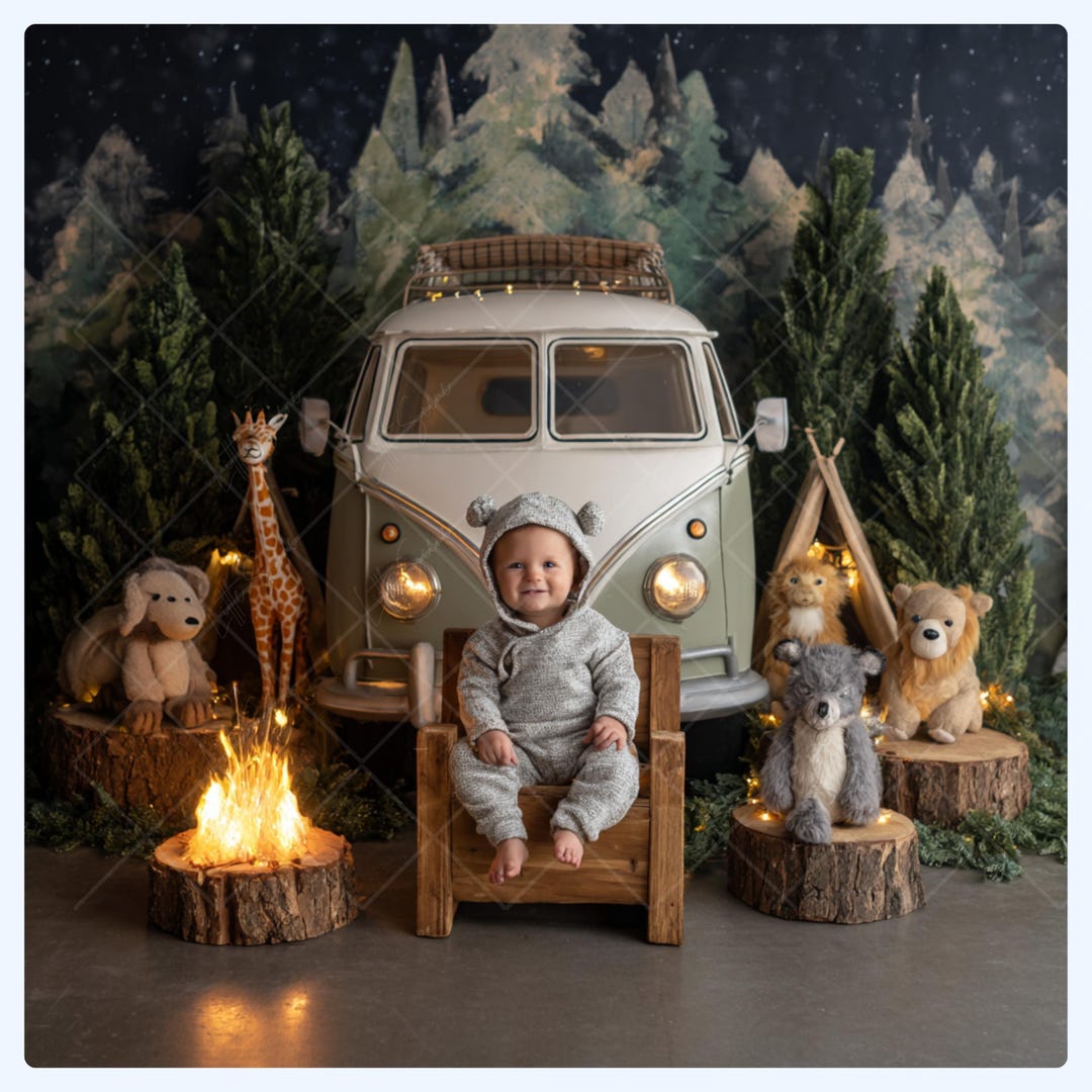Newborn Digital Backdrop | Retro Camper Van Baby Bed With Teddy Bear ...