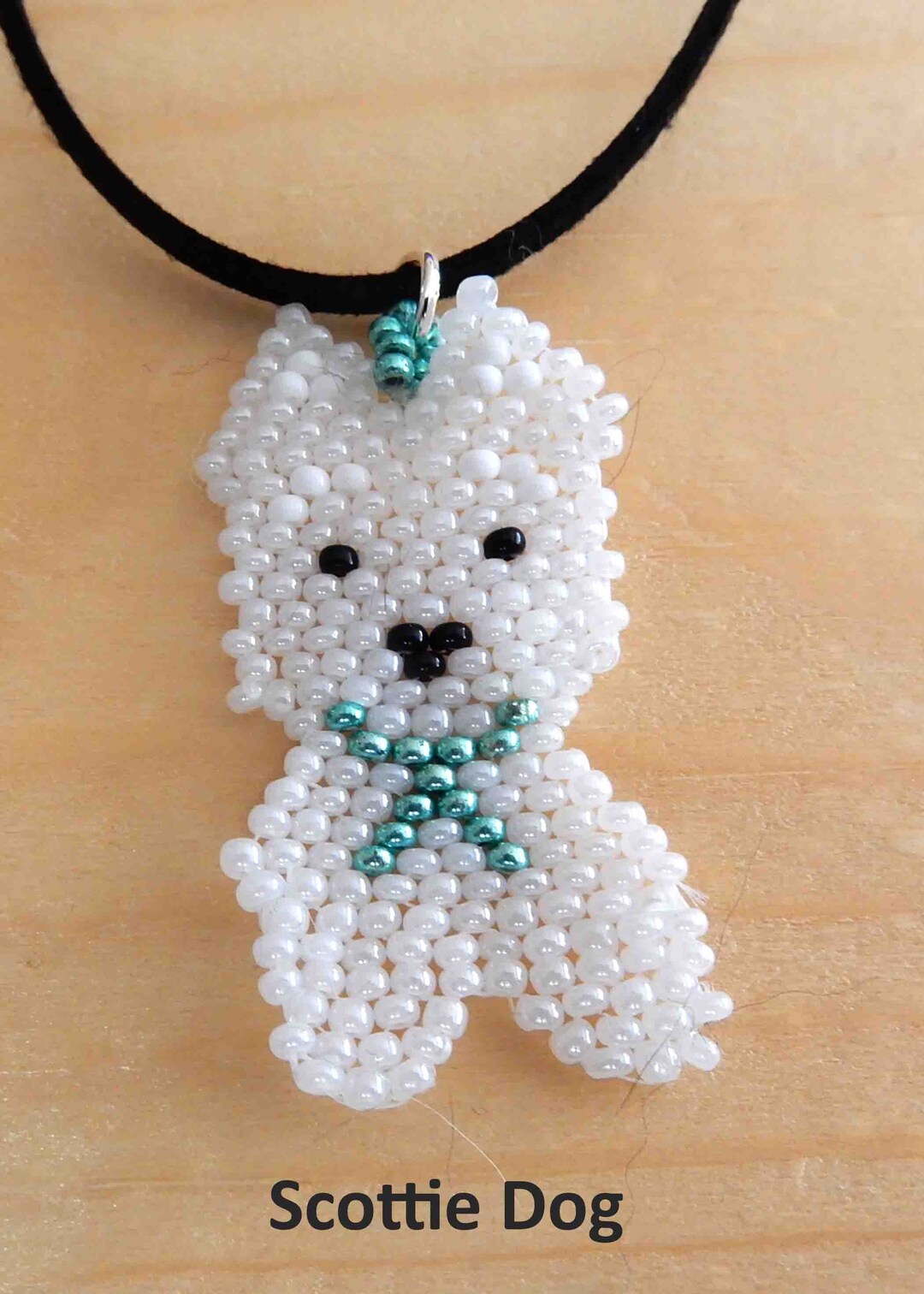 Scotty Dog Pendant. Seed Bead Weaving White Scotty Dog on Black Leather ...