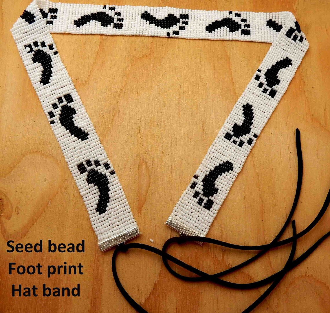Foot Print Hat Band. Black White Seed Beads Woven Into a Hat Band ...