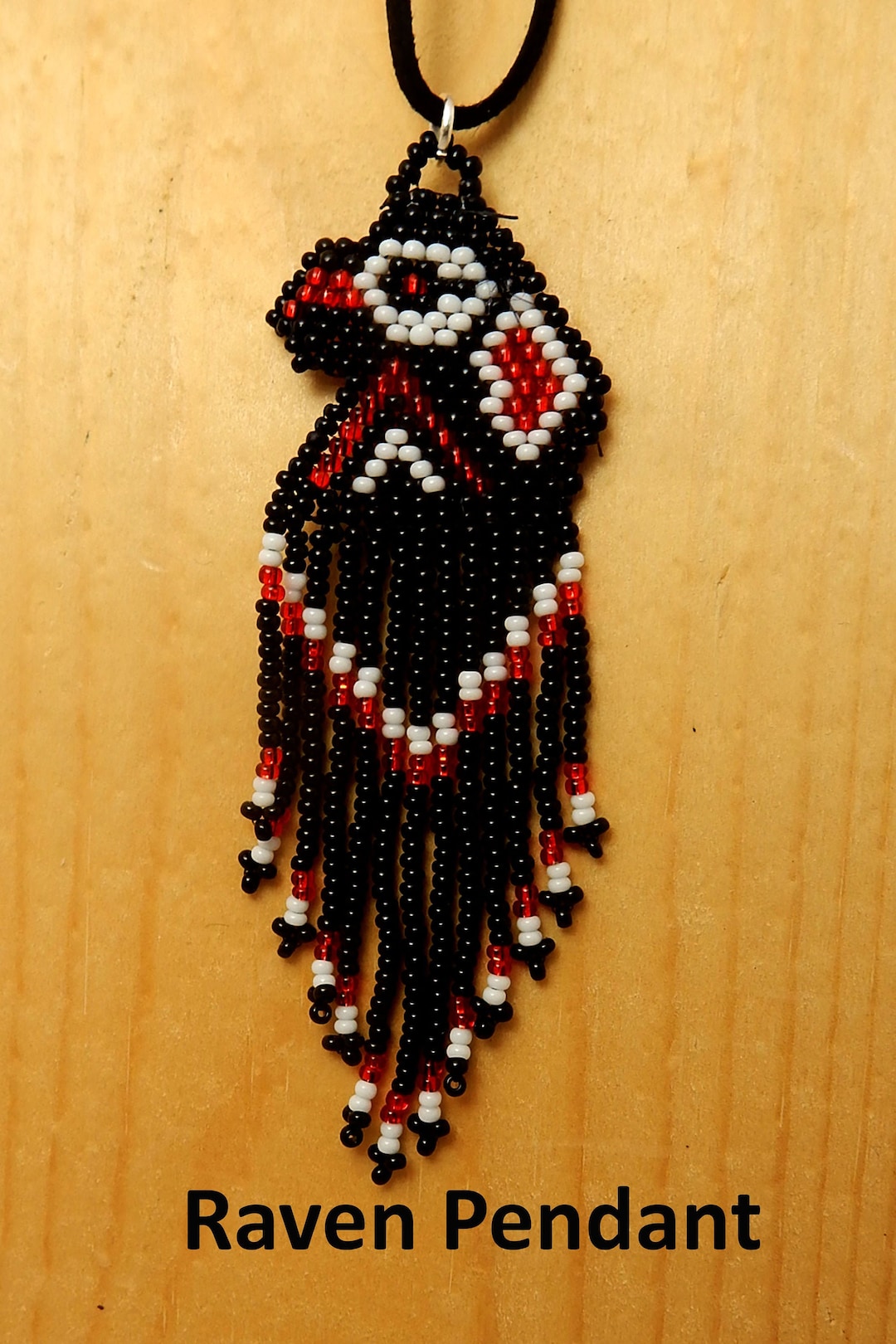Raven Pendant. Seed Bead Weaving Black Raven Strung on Black Leather ...