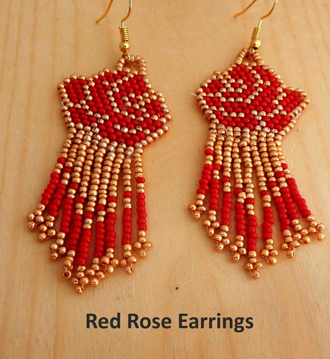 Red Rose Earrings. Red and Gold Seed Beads Woven Into a Red Rose. Gift ...