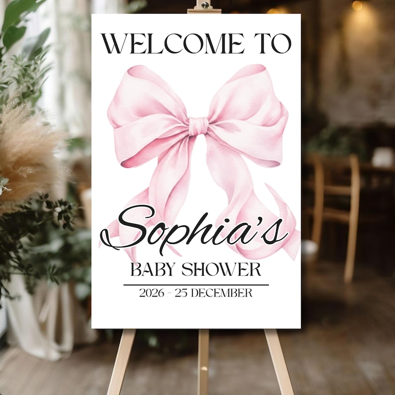 Pink Bow Baby Shower Welcome Sign, Coquette Bow Girl Baby Shower ...