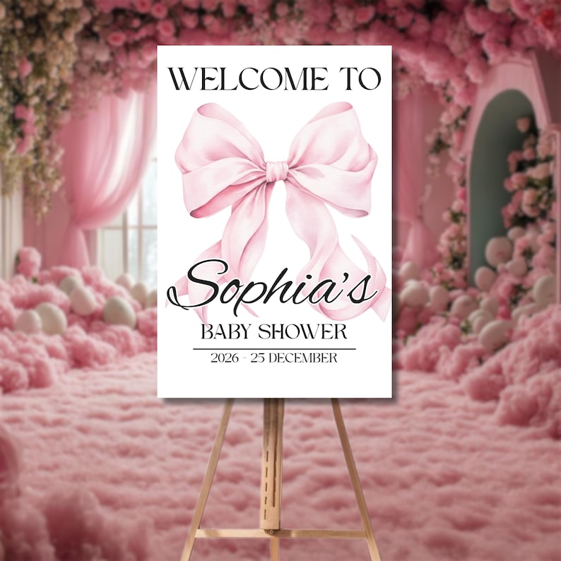 Pink Bow Baby Shower Welcome Sign, Coquette Bow Girl Baby Shower ...