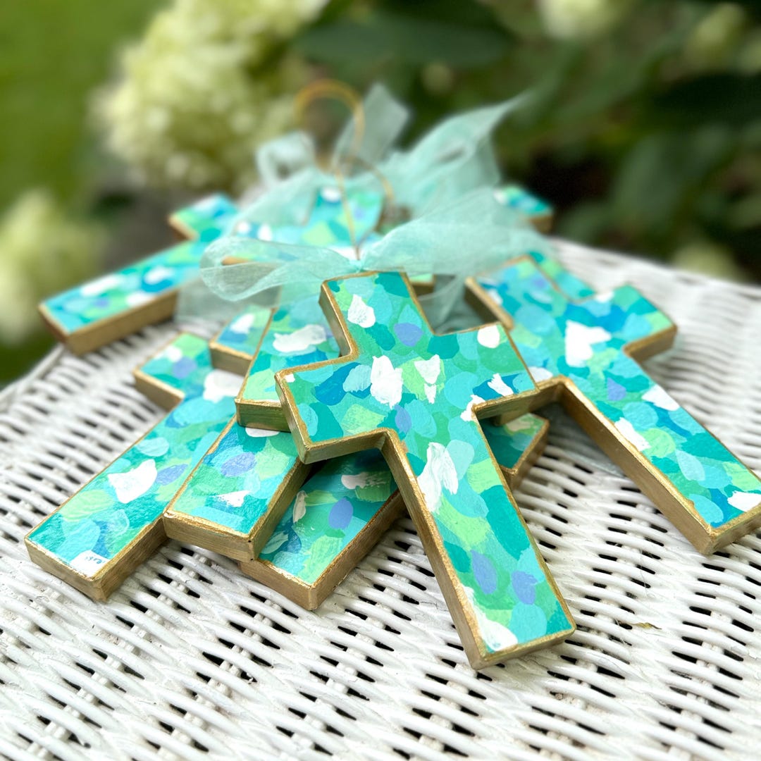 Hand Painted Coastal Christmas Cross Ornament: Turquoise Abstract Art ...