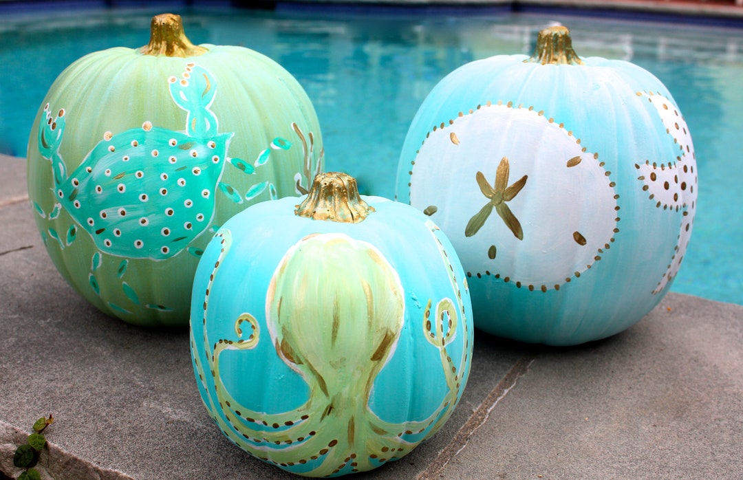 Large Turquoise Coastal Painted Pumpkin Crab Sanddollar Octopus - Etsy