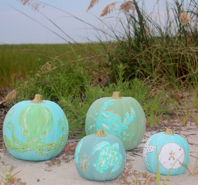 Large Turquoise Coastal Painted Pumpkin Crab Sanddollar Octopus - Etsy