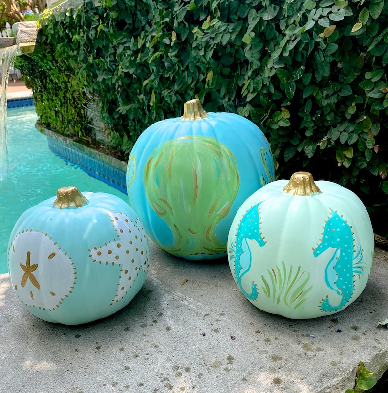 Small Coastal Painted Pumpkins Turquoise Crab, Octopus Sand Dollar ...